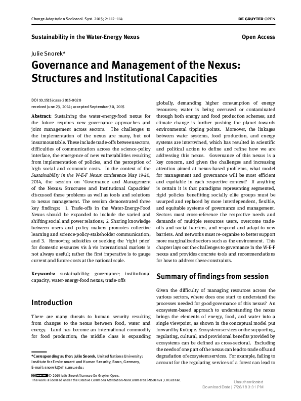 (PDF) Governance and Management of the Nexus: Structures and Institutional Capacities | Julie L ...