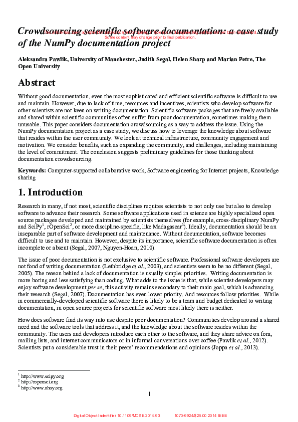 (PDF) Crowdsourcing Documentation for Scientific Software: NumPy Case Study