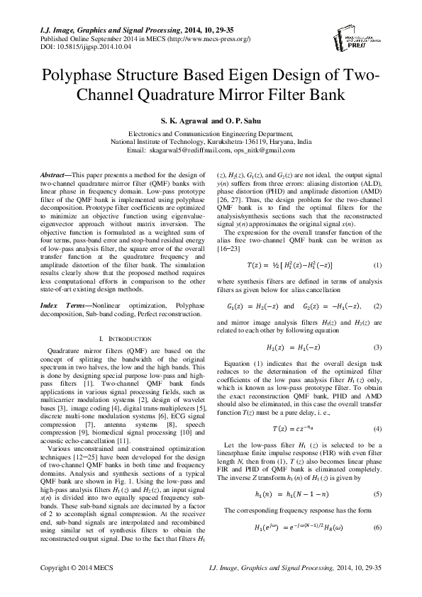 (PDF) Polyphase Structure Based Eigen Design of Two-Channel Quadrature Mirror Filter Bank