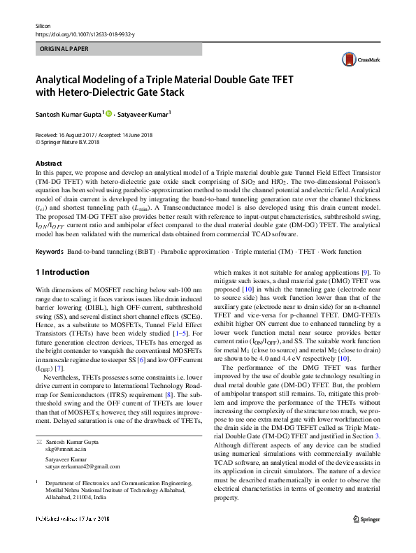 (PDF) Analytical Modeling of a Triple Material Double Gate TFET with Hetero-Dielectric Gate Stack