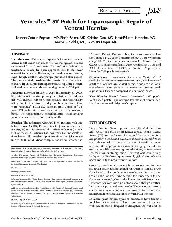 (PDF) Ventralex® ST Patch for Laparoscopic Repair of Ventral Hernias
