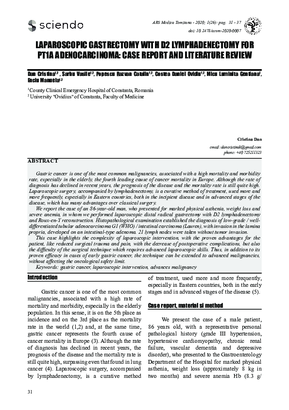 (PDF) Laparoscopic Gastrectomy with D2 Lymphadenectomy for pT1a ...