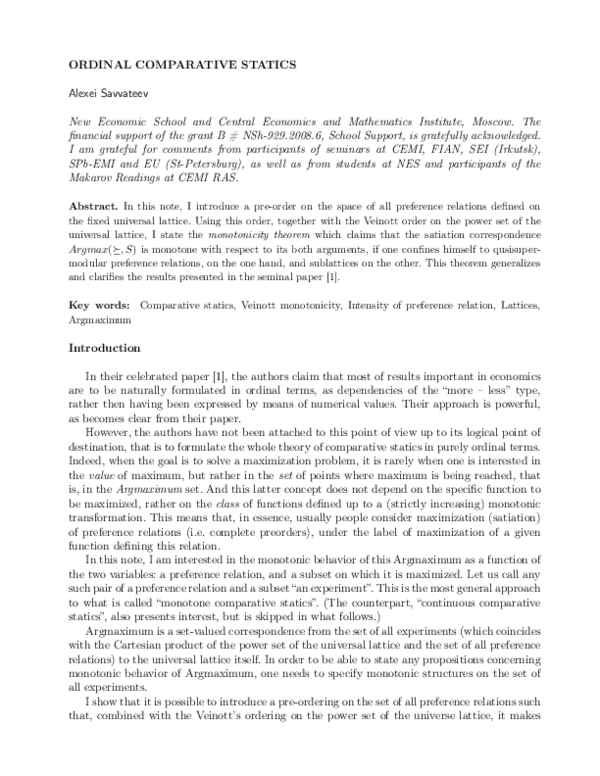 (PDF) Ordinal Comparative Statics