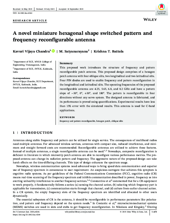 (PDF) A novel miniature hexagonal shape switched pattern and frequency reconfigurable antenna