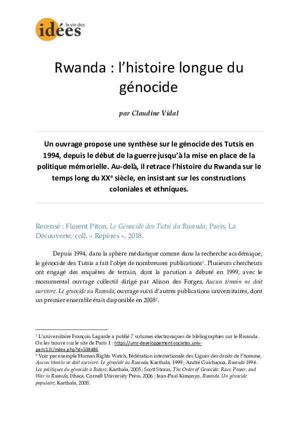 (PDF) Rwanda : l’histoire longue du génocide