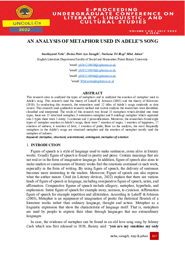 (DOC) An Analysis of Metaphor Used in Adele’s Song