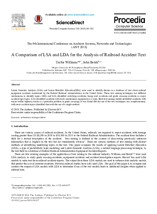 (PDF) A Comparison of LSA and LDA for the Analysis of Railroad Accident ...