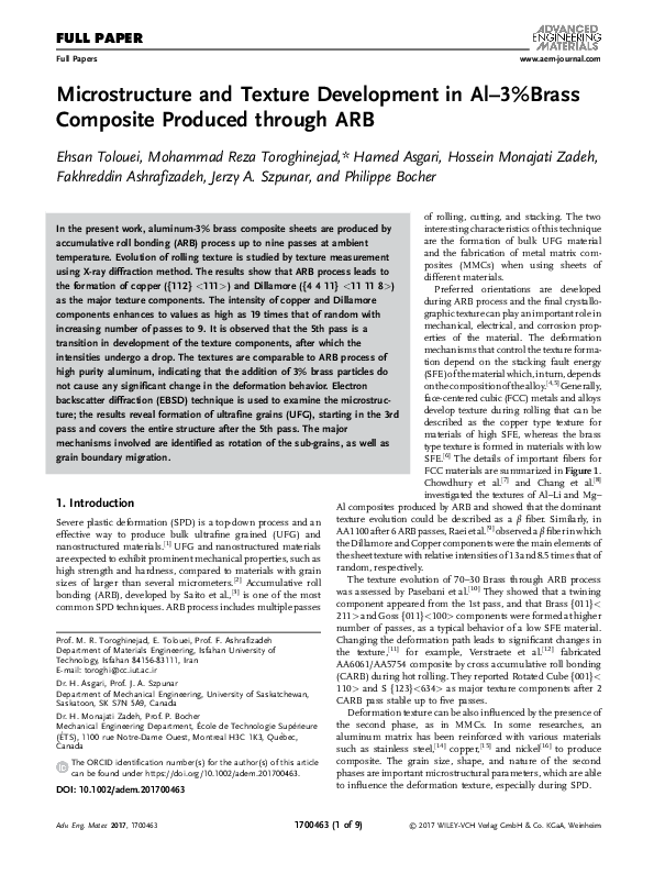 (PDF) Microstructure and Texture Development in Al-3%Brass Composite Produced through ARB