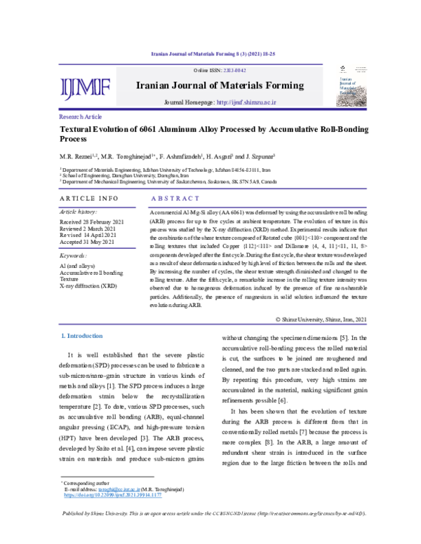 Pdf Textural Evolution Of 6061 Aluminum Alloy Processed By Accumulative Roll Bonding Process