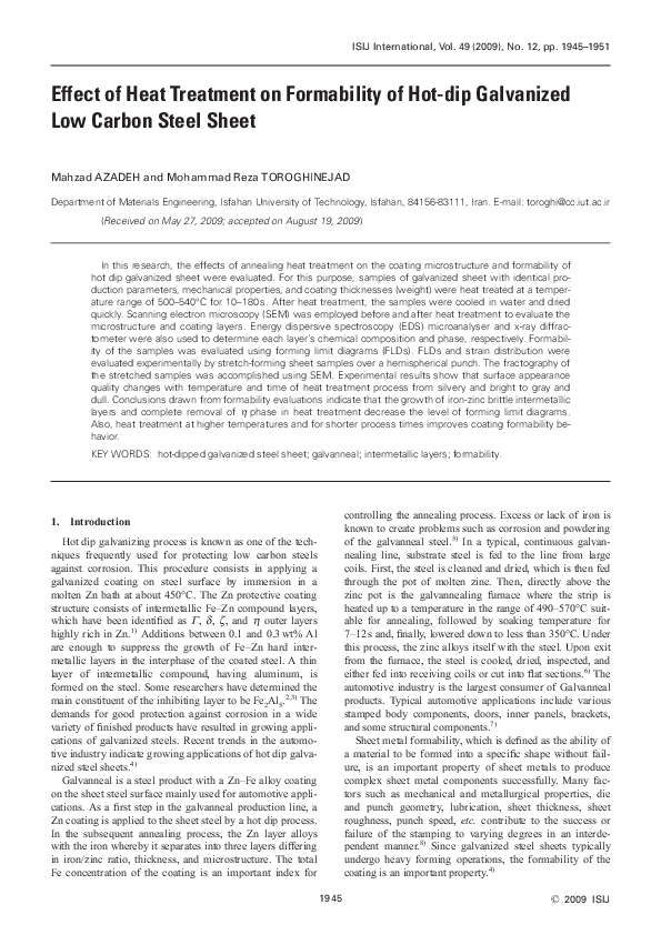 (PDF) Effect of Heat Treatment on Formability of Hot-dip Galvanized Low Carbon Steel Sheet