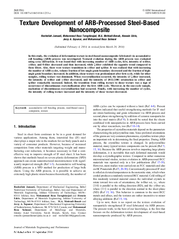 (PDF) Texture Development of ARB-Processed Steel-Based Nanocomposite