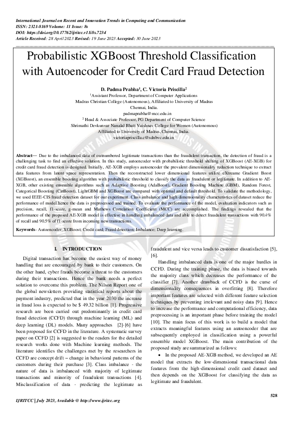 (PDF) Probabilistic XGBoost Threshold Classification with Autoencoder for Credit Card Fraud ...