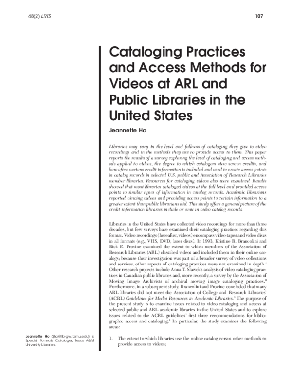 (PDF) Video Cataloging Practices in US Libraries: A Survey Study