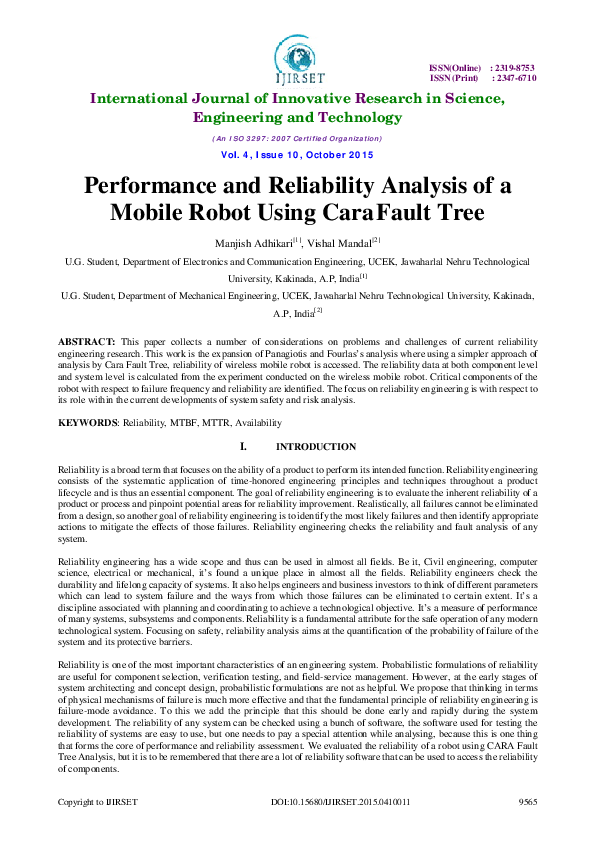 Pdf Performance And Reliability Analysis Of A Mobile Robot Using Cara Fault Tree