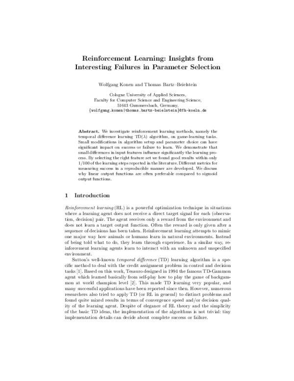 (PDF) Reinforcement Learning: Insights from Interesting Failures in Parameter Selection