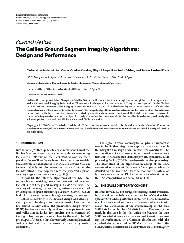 (PDF) The Galileo Ground Segment Integrity Algorithms: Design and Performance
