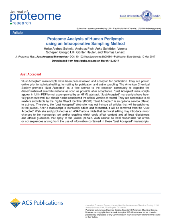 (PDF) Proteome Analysis of Human Perilymph Using an Intraoperative ...