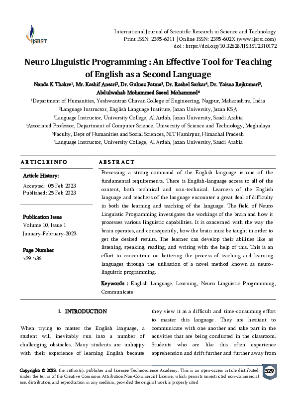 (PDF) Neuro Linguistic Programming : An Effective Tool for Teaching of English as a Second Language