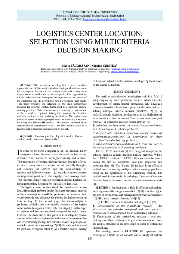 (PDF) Logistics Center Location - Selection Using Multicriteria Decision Making