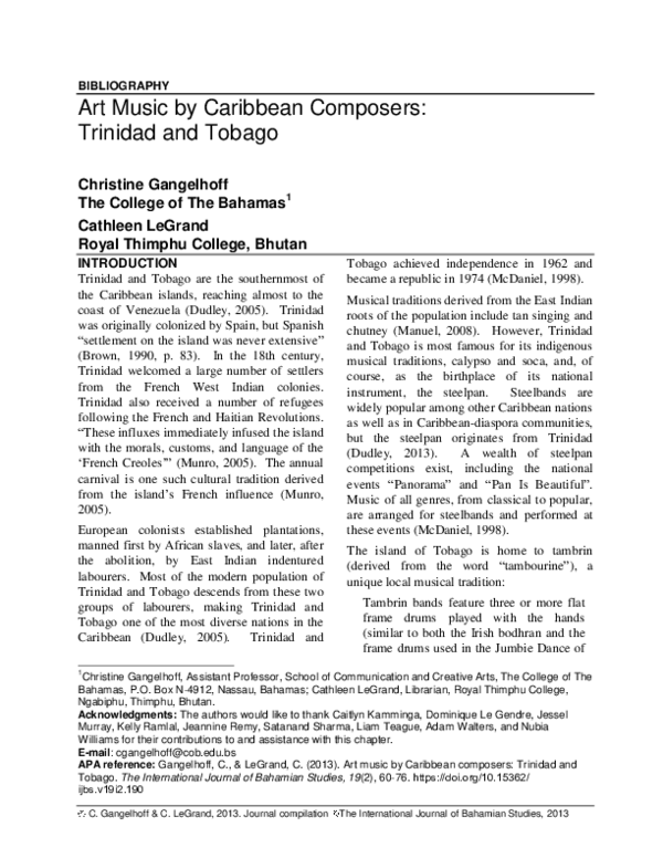 (PDF) Art Music by Caribbean Composers: Trinidad and Tobago