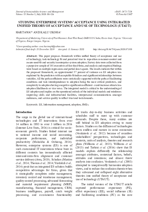 (PDF) Studying Enterprise Systems’ Acceptance Using Integrated Unified Theory of Acceptance and ...