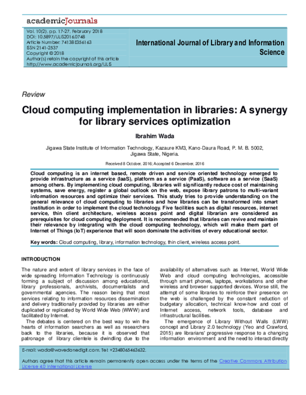 (PDF) Cloud computing implementation in libraries: A synergy for ...