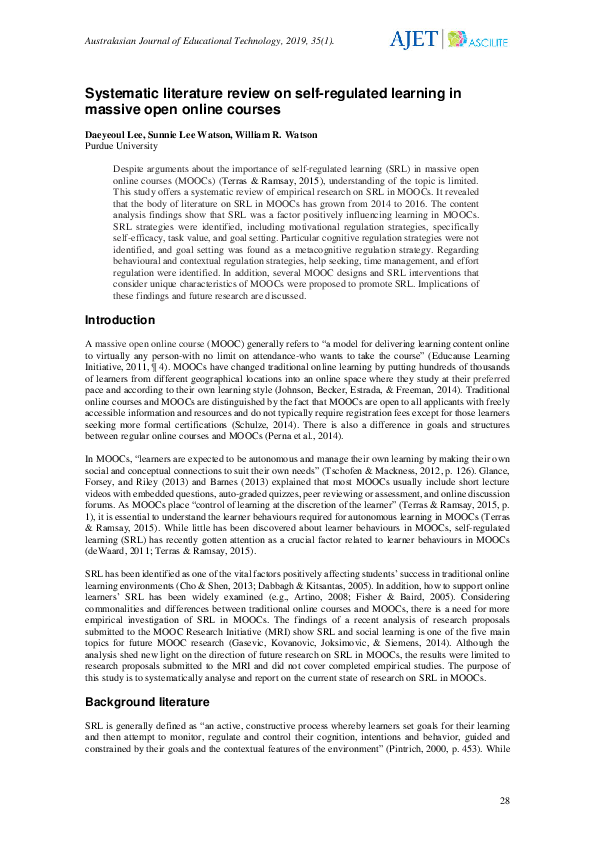 (PDF) Systematic literature review on self-regulated learning in massive open online courses