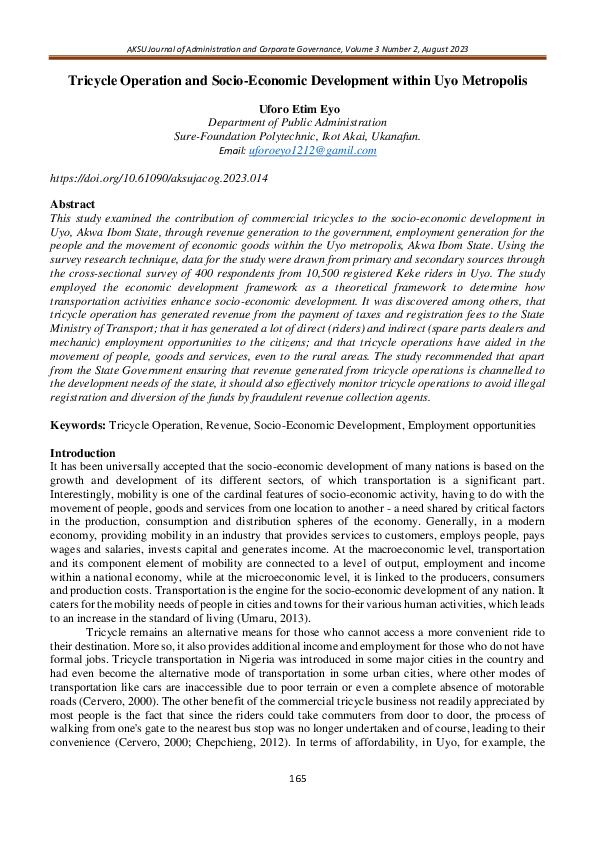 (PDF) Tricycle Operation and Socio-Economic Development within Uyo ...