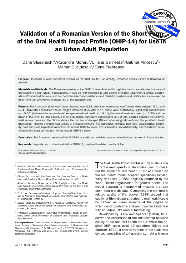 (PDF) Validation of a Romanian version of the short form of the oral ...
