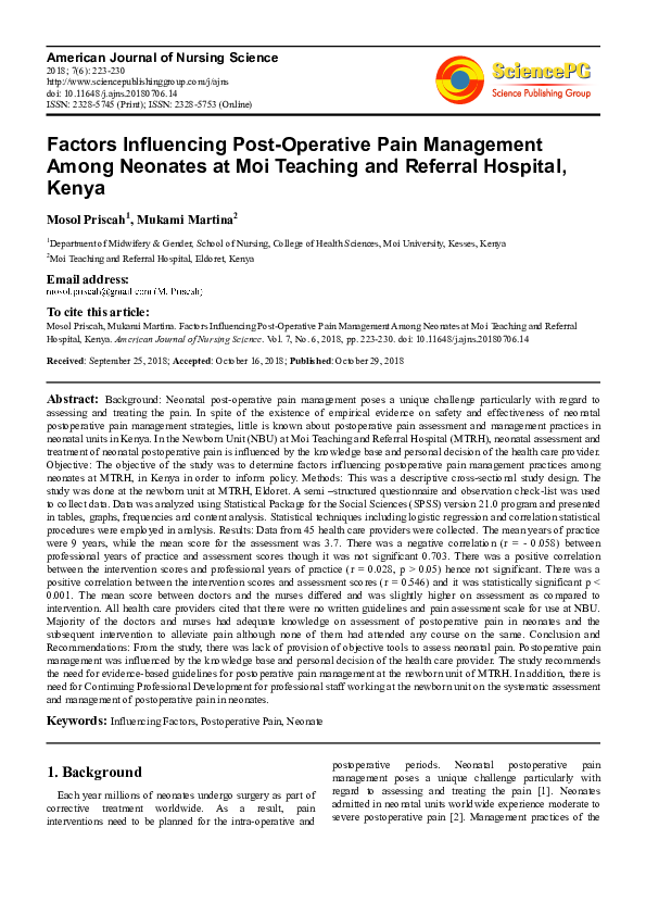 (PDF) Factors Influencing Post-Operative Pain Management Among Neonates ...