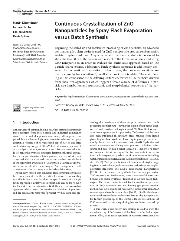 (PDF) Continuous Crystallization of ZnO Nanoparticles by Spray Flash Evaporation versus Batch ...