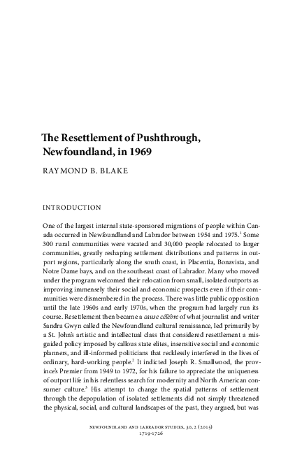 (PDF) The Resettlement of Pushthrough, Newfoundland, in 1969