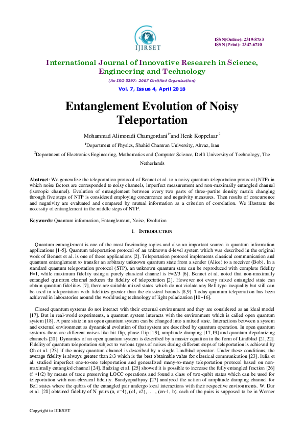 (PDF) Entanglement Evolution of Noisy Teleportation