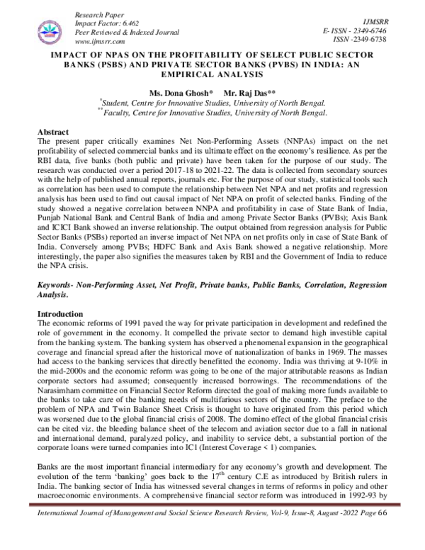 (PDF) IMPACT OF NPAS ON THE PROFITABILITY OF SELECT PUBLIC SECTOR BANKS (PSBS) AND PRIVATE ...