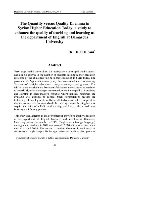 (PDF) The Quantity versus Quality Dilemma in Syrian Higher Education ...