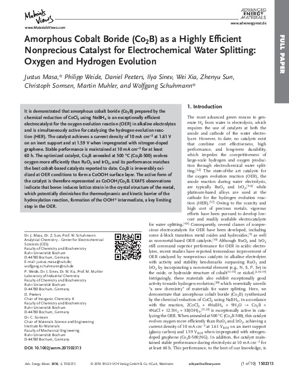 (PDF) Amorphous Cobalt Boride (Co2B) as a Highly Efficient Nonprecious ...