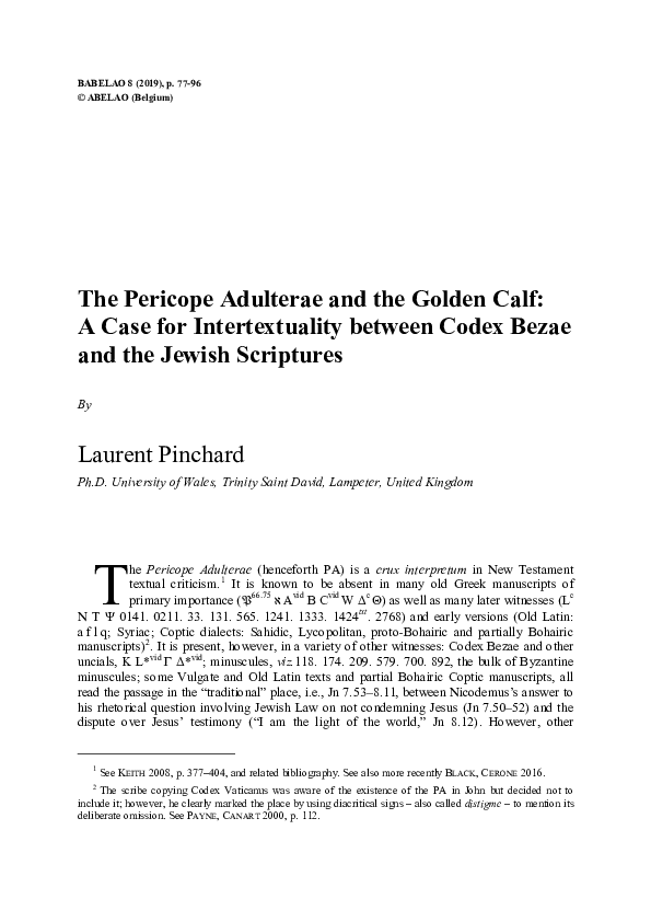 (PDF) The Pericope Adulterae and the Golden Calf: A Case for ...