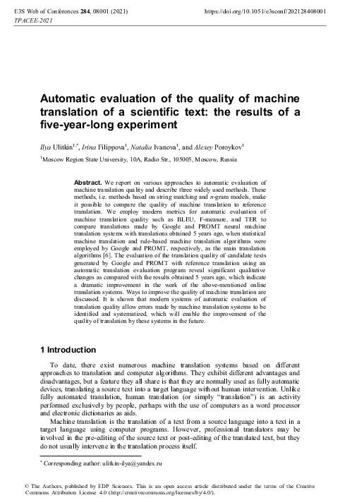 (PDF) Automatic evaluation of the quality of machine translation of a scientific text: the ...