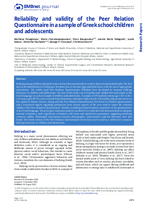 Pdf Reliability And Validity Of The Peer Relation Questionnaire In A Sample Of Greek School