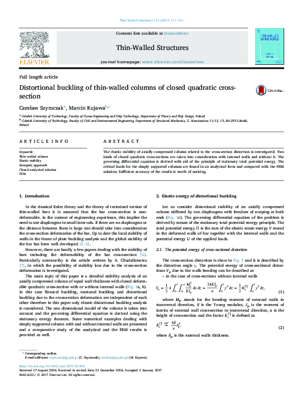 (PDF) Distortional buckling of thin-walled columns of closed quadratic cross-section