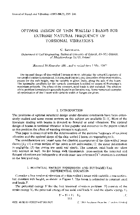 Pdf Optimal Design Of Thin Walled I Beams For Extreme Natural Frequency Of Torsional Vibrations