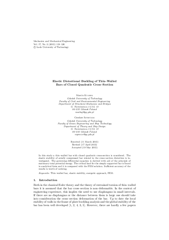 (PDF) Elastic Distortional Buckling of Thin-Walled Bars of Closed ...