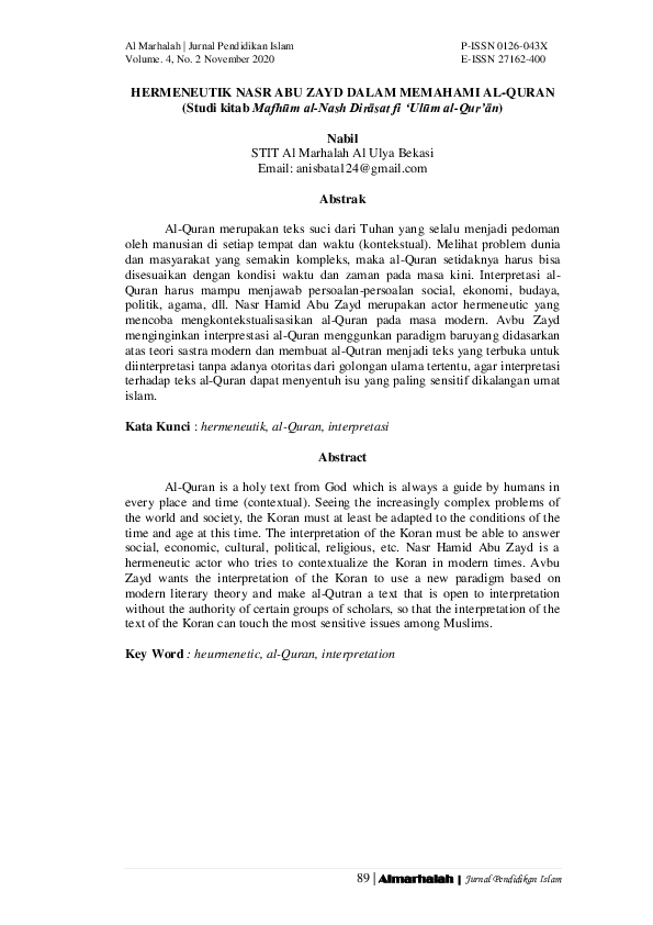 (PDF) Hermeneutik Nasr Abu Zayd Dalam Memahami Al-Quran