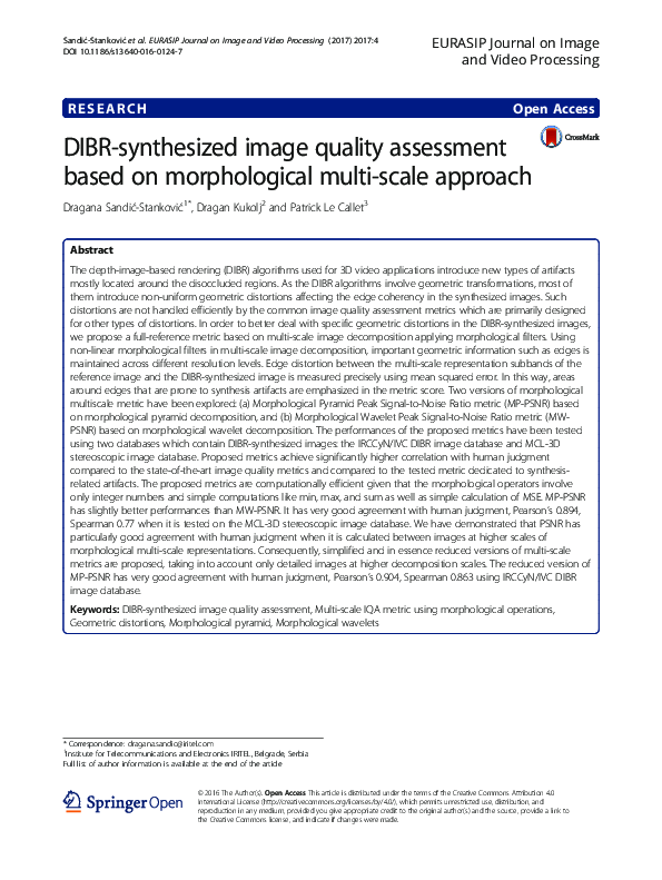 (PDF) DIBR synthesized image quality assessment based on morphological wavelets | Dragana Sandić ...