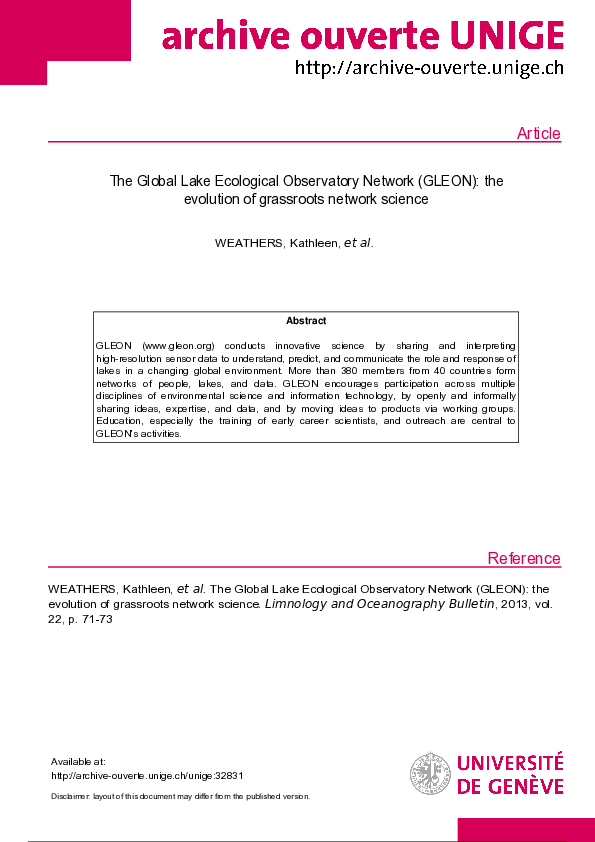 (PDF) The Global Lake Ecological Observatory Network (Gleon): The ...