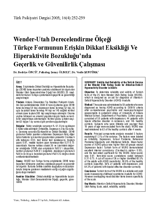 (PDF) Wender-Utah Derecelendirme Ölçeği Türkçe Formunun Erişkin Dikkat ...