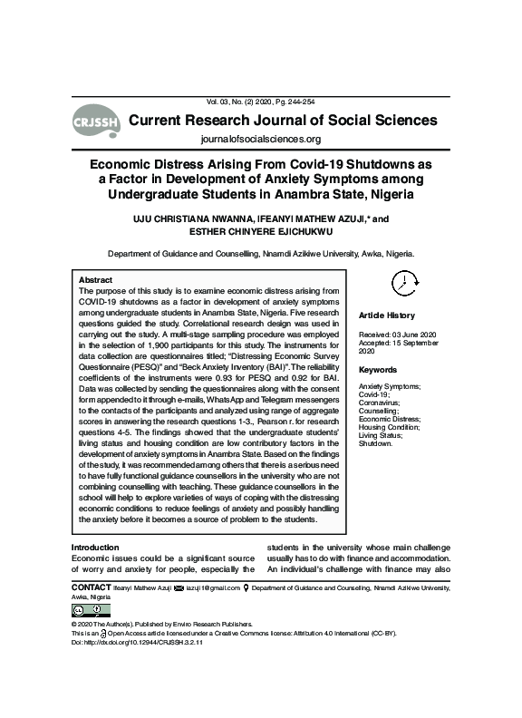 (PDF) Economic Distress Arising From Covid-19 Pandemic as a Factor in ...