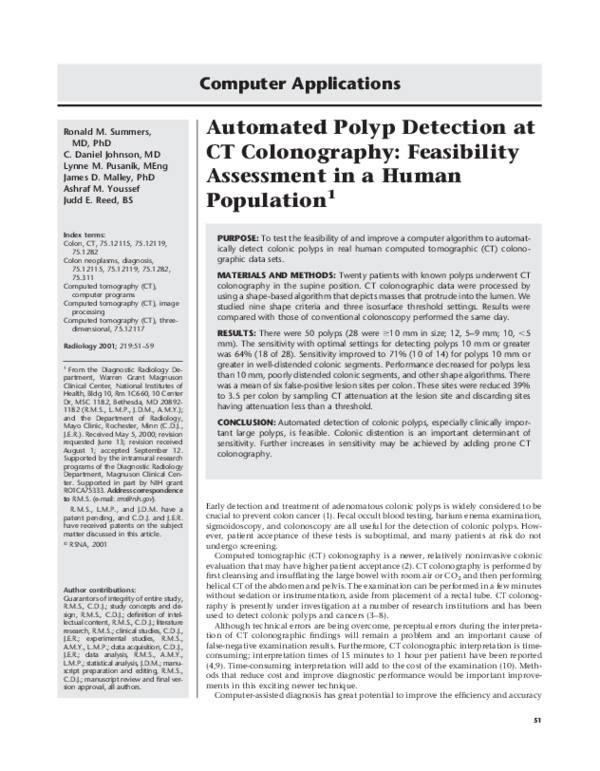 (PDF) Automated Polyp Detection at CT Colonography: Feasibility Assessment in a Human Population