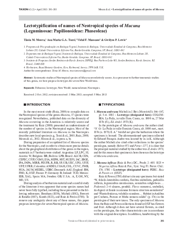 (PDF) Lectotypification of names of Neotropical species of Mucuna ...