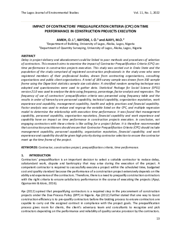 (PDF) IMPACT OF CONTRACTORS' PREQUALIFICATION CRITERIA (CPC) ON TIME PERFORMANCE IN CONSTRUCTION ...